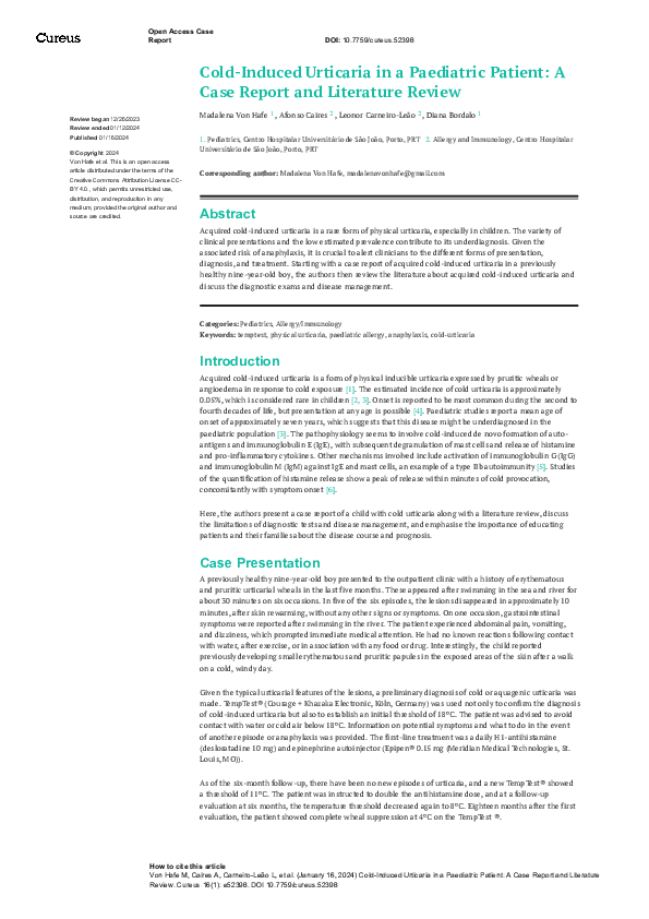 (PDF) Cold-Induced Urticaria in a Paediatric Patient: A Case Report and ...