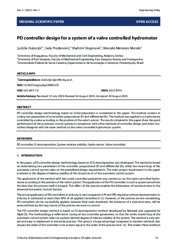(PDF) PD Controller Design for Valve-Controlled Hydromotor
