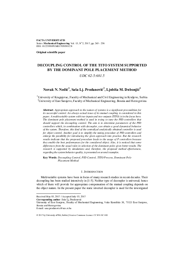 (PDF) Decoupling Control of Tito System Supported by Dominant Pole Placement Method