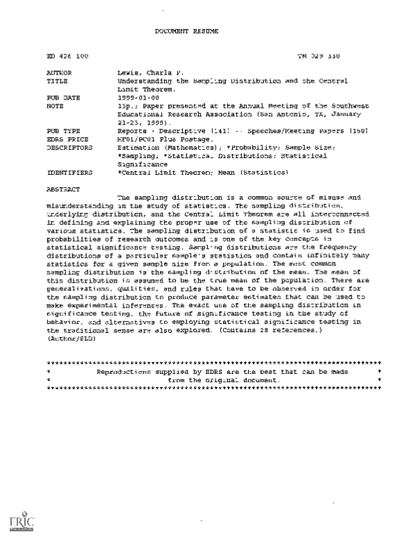 Pdf Understanding The Sampling Distribution And The Central Limit Theorem