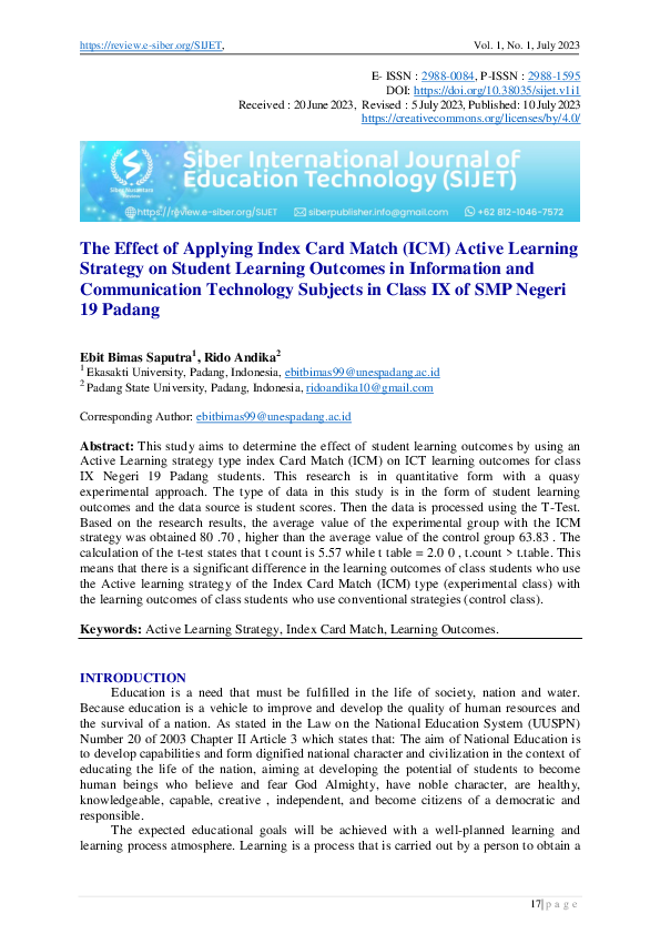 (PDF) The Effect of Applying Index Card Match (ICM) Active Learning Strategy on Student Learning ...