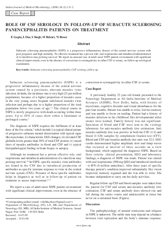 (PDF) Case Report - ROLE OF CSF SEROLOGY IN FOLLOW-UP OF SUBACUTE ...