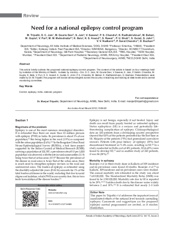 (PDF) Need for a national epilepsy control program