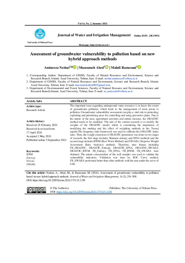 (PDF) Assessment of groundwater vulnerability to pollution based on new hybrid approach methods