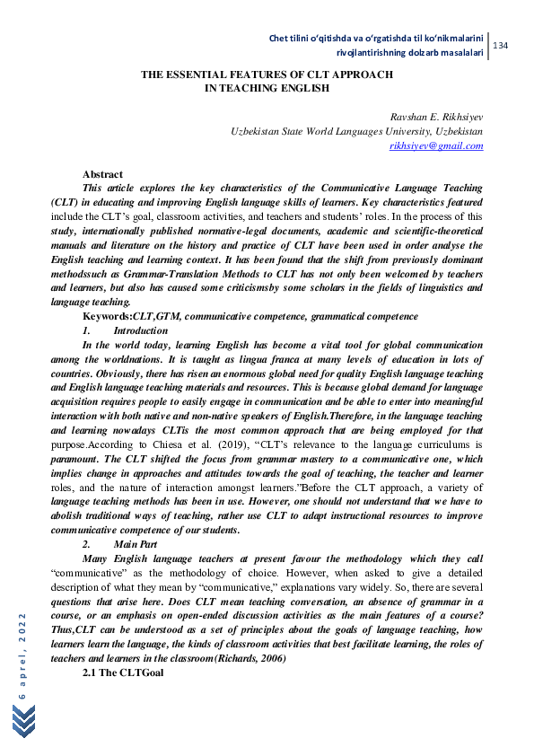(PDF) THE ESSENTIAL FEATURES OF CLT APPROACH IN TEACHING ENGLISH
