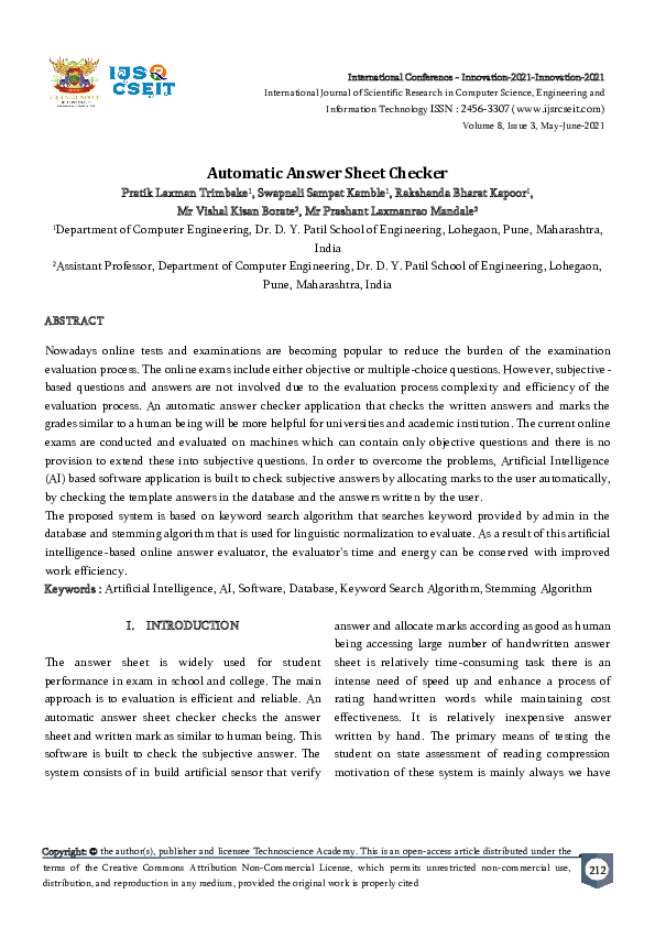 (PDF) Automatic Answer Sheet Checker