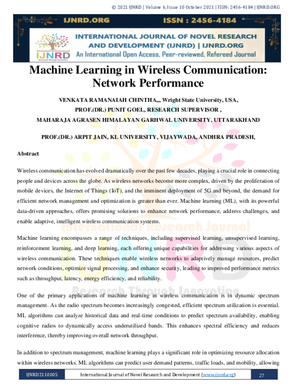 (PDF) Machine Learning in Wireless Communication: Network Performance