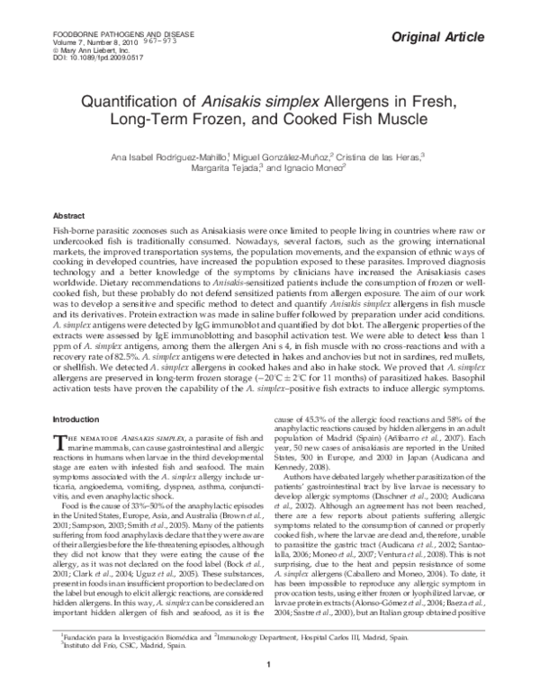 (PDF) Quantification of Anisakis simplex Allergens in Fresh, Long-Term ...