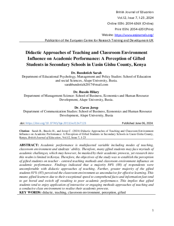 (PDF) Didactic Approaches of Teaching and Classroom Environment ...