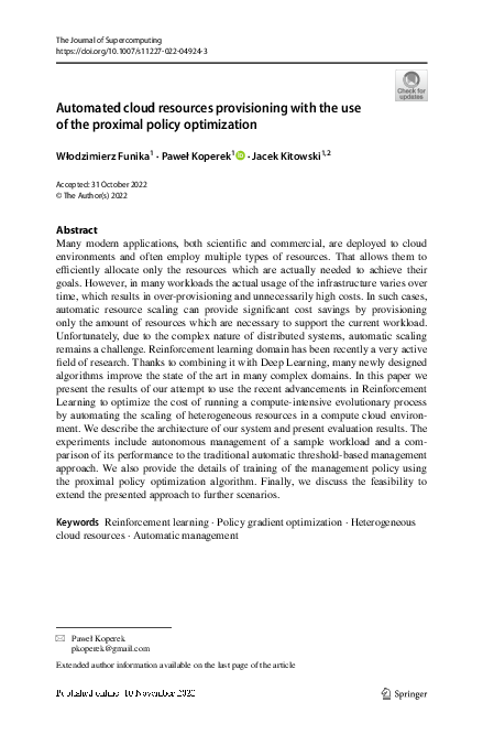 (PDF) Automated cloud resources provisioning with the use of the proximal policy optimization