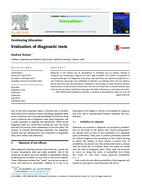 (PDF) Evaluation of diagnostic tests