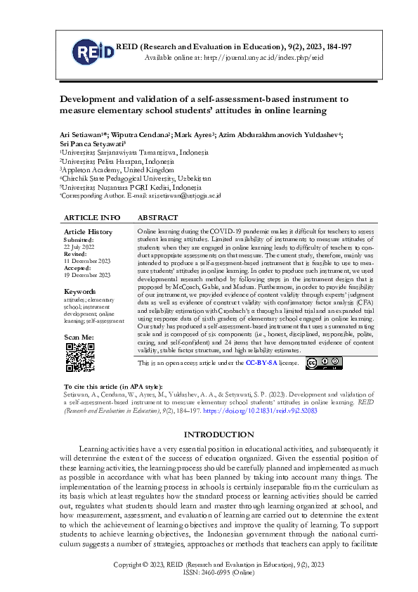 (PDF) Development and validation of a self-assessment-based instrument to measure elementary ...