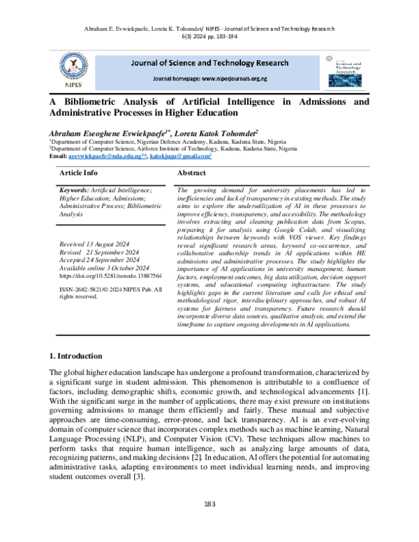 (PDF) A Bibliometric Analysis of Artificial Intelligence in Admissions and Administrative ...