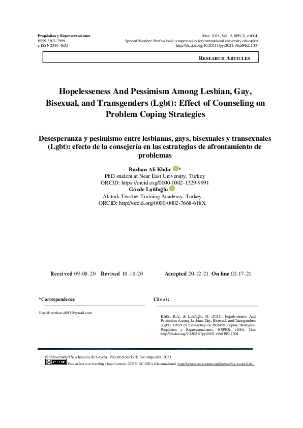 (PDF) Hopelesseness And Pessimism Among Lesbian, Gay, Bisexual, and Transgenders (Lgbt): Effect ...