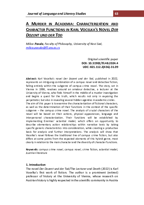 (PDF) A MURDER IN ACADEMIA: CHARACTERIZATION AND CHARACTER FUNCTIONS IN KARL VOCELKA'S NOVEL DER ...