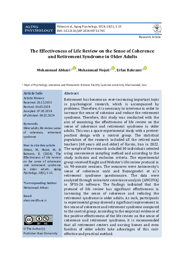 (PDF) The Effectiveness of Life Review on the Sense of Coherence and ...