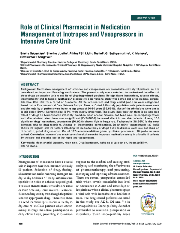 (PDF) Role of Clinical Pharmacist in Medication Management of Inotropes ...