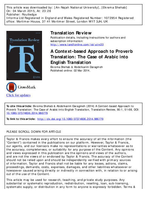 (PDF) A Context-based Approach to Proverb Translation: The Case of Arabic into English Translation
