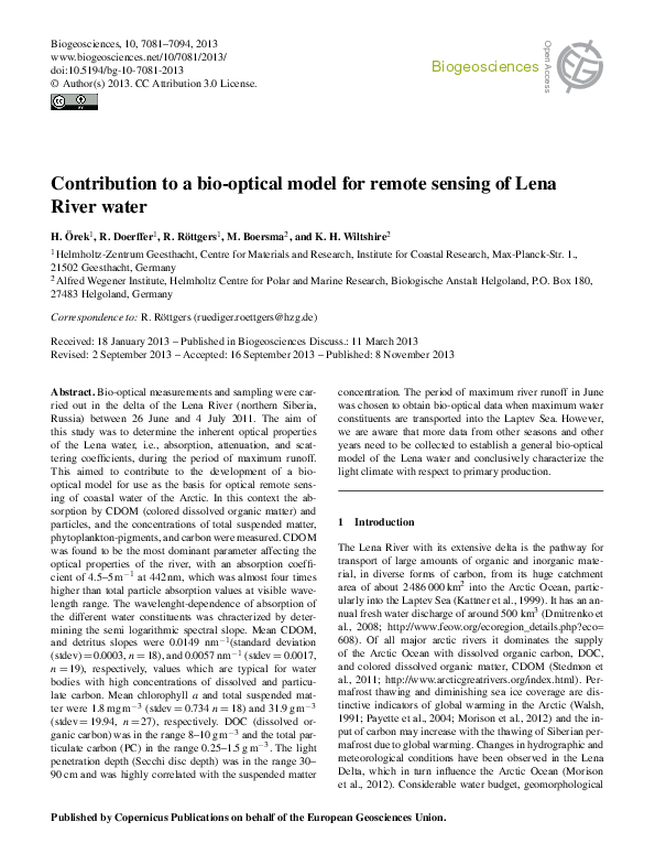 (PDF) Contribution to a bio-optical model for remote sensing of Lena ...