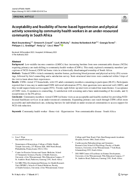 (PDF) Acceptability and feasibility of home-based hypertension and physical activity screening ...