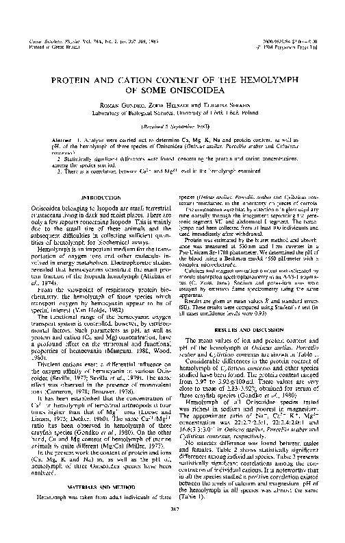 (PDF) Protein and cation content of the hemolymph of some oniscoidea
