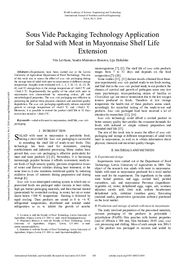 (PDF) Sous Vide Packaging Technology Application For Salad With Meat In ...
