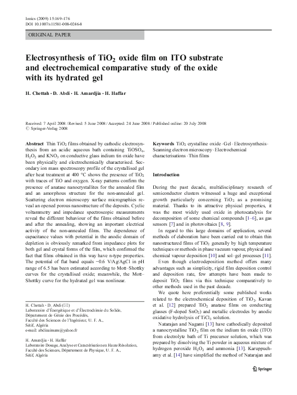 (PDF) Electrosynthesis of TiO2 oxide film on ITO substrate and ...