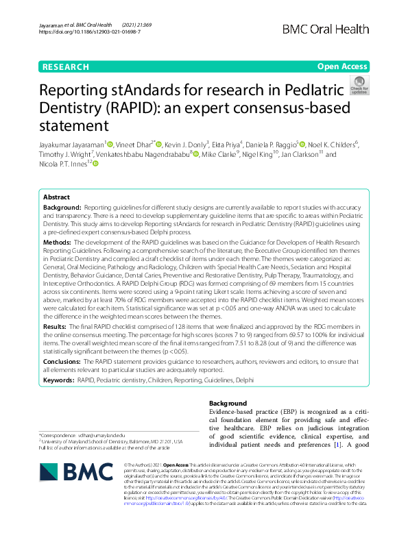 (PDF) Reporting stAndards for research in PedIatric Dentistry (RAPID ...