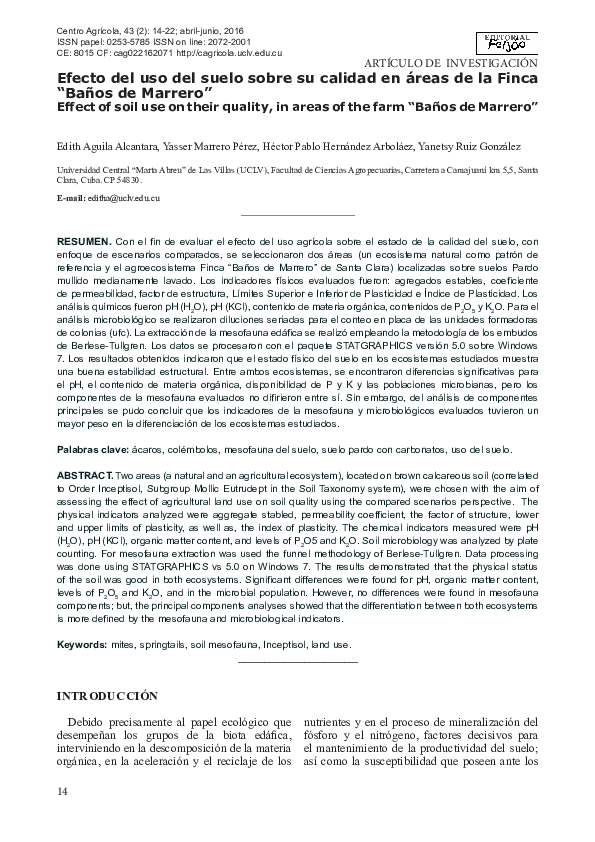 (PDF) Efecto del uso del suelo sobre su calidad en áreas de la Finca ...