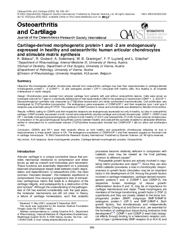 (PDF) Cartilage-derived morphogenetic protein-1 and -2 are endogenously ...