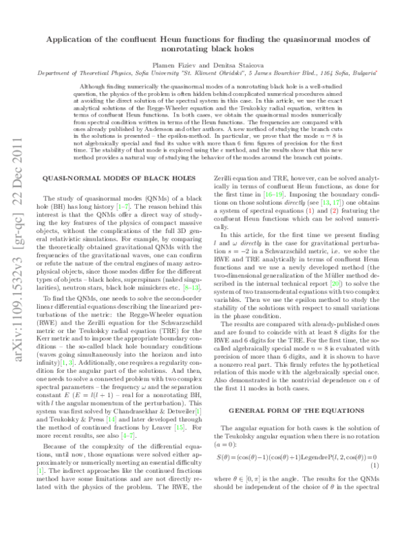 Pdf Application Of The Confluent Heun Functions For Finding The Qnms Of Non Rotating Black Hole