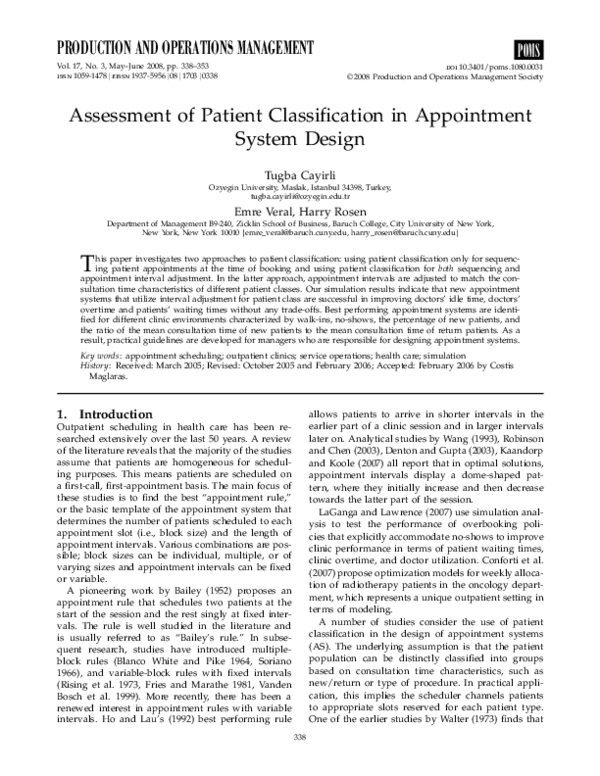 (PDF) Assessment of Patient Classification in Appointment System Design