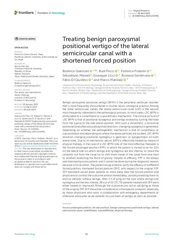(PDF) Treating benign paroxysmal positional vertigo of the lateral ...