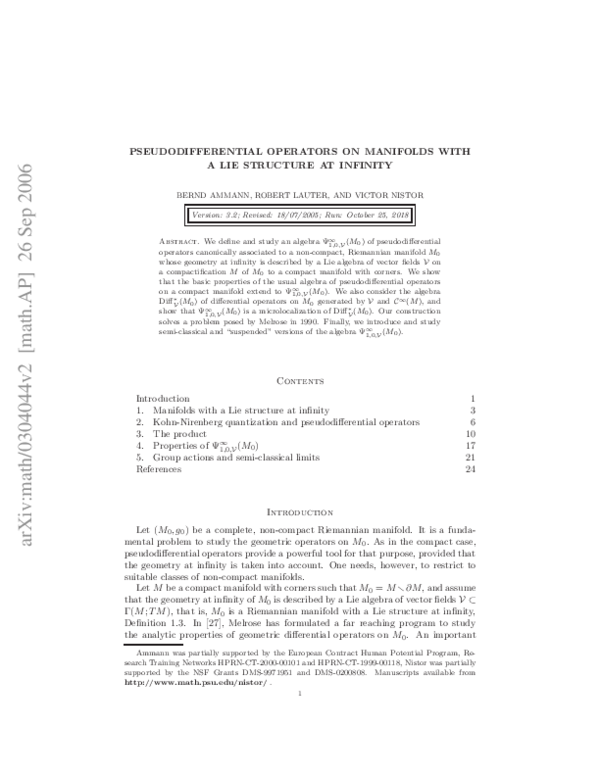 (PDF) Pseudodifferential operators on manifolds with a Lie structure at infinity