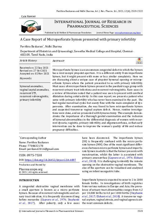 (PDF) A Case Report of Microperforate hymen presented with primary ...