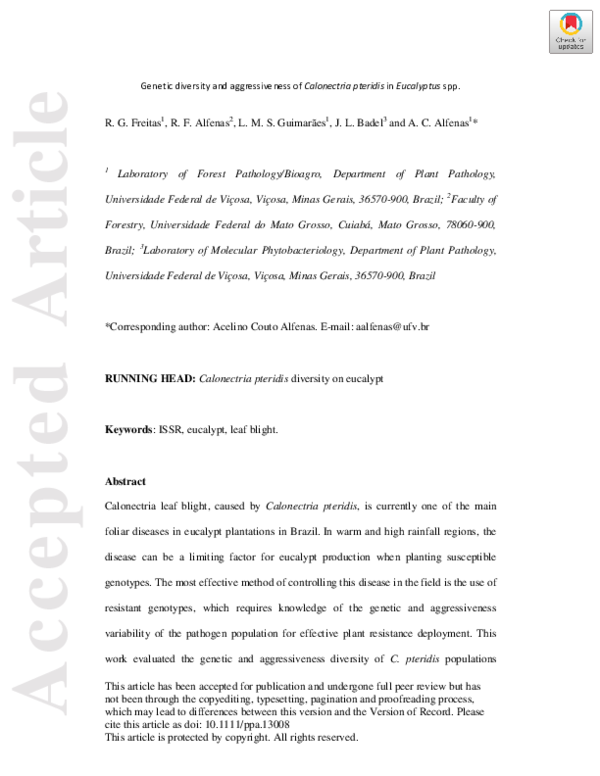 (PDF) Genetic diversity and aggressiveness of Calonectria pteridis in ...