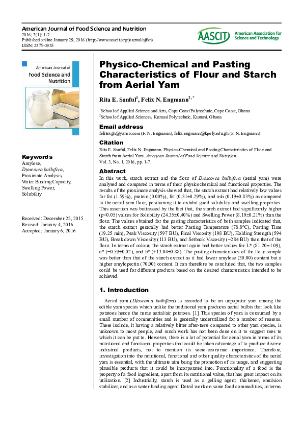 (PDF) Physico-Chemical and Pasting Characteristics of Flour and Starch from Aerial Yam