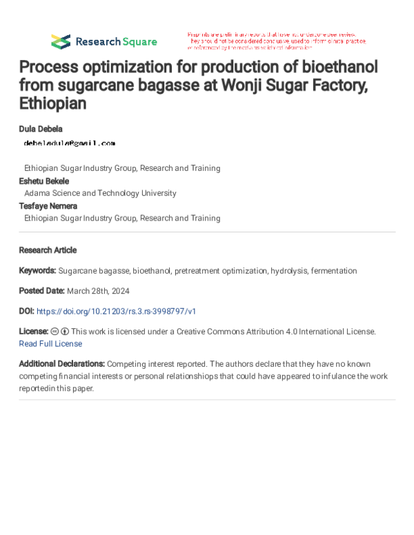 (PDF) Process optimization for production of bioethanol from sugarcane ...