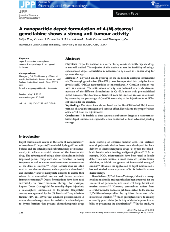 (PDF) A nanoparticle depot formulation of 4-(N)-stearoyl gemcitabine ...