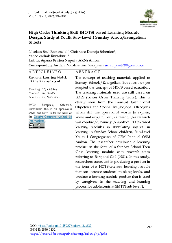 (PDF) High Order Thinking Skill (HOTS) based Learning Module Design: Study at Youth Sub-Level I ...