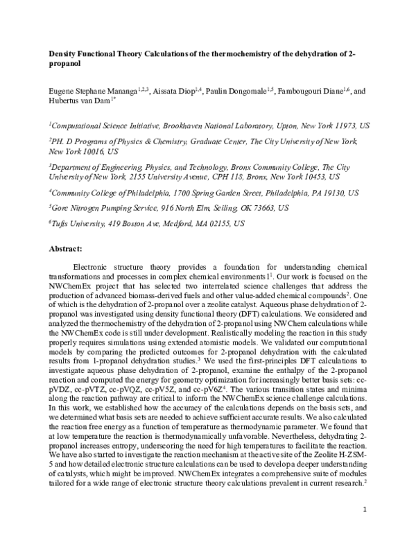 (PDF) Density Functional Theory Calculations of the thermochemistry of the dehydration of 2-propanol