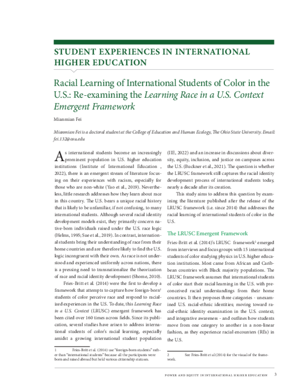 (PDF) Racial Learning of International Students of Color in the U.S.