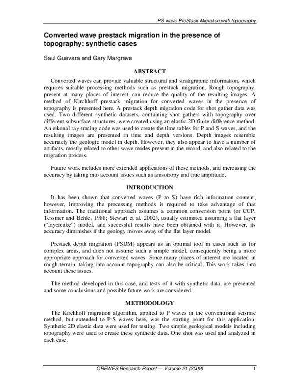 (PDF) Converted wave prestack migration in the presence of topography : synthetic cases