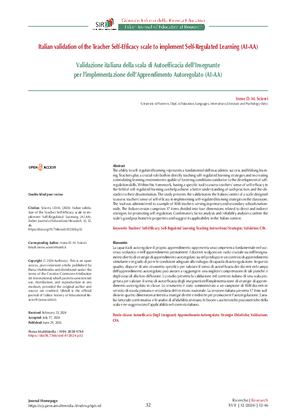 (PDF) Italian validation of the Teacher Self-Efficacy scale to implement Self-Regulated Learning ...