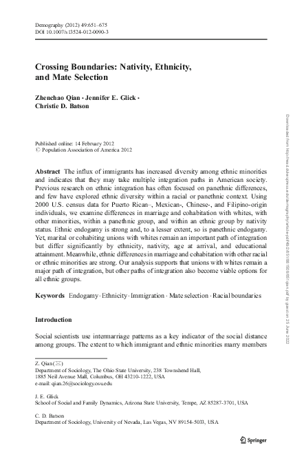 (PDF) Crossing Boundaries: Nativity, Ethnicity, and Mate Selection
