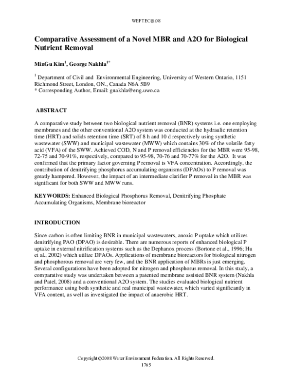 (PDF) Comparative Assessment of a Novel MBR and A2O for Biological ...