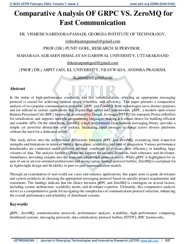 (PDF) Comparative Analysis OF GRPC VS. ZeroMQ for Fast Communication