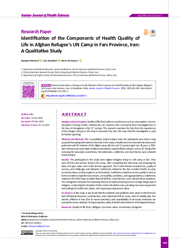 (PDF) Identification of the Components of Health Quality of Life in Afghan Refugee's UN Camp in ...