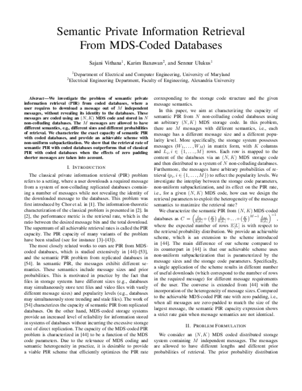 (PDF) Semantic Private Information Retrieval From MDS-Coded Databases