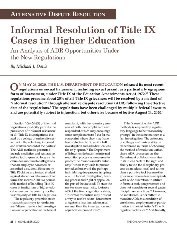 (PDF) Informal Resolution of Title IX Cases in Higher Education